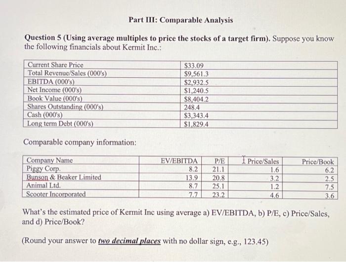 Solved Part III: Comparable Analysis Question 5 (Using | Chegg.com