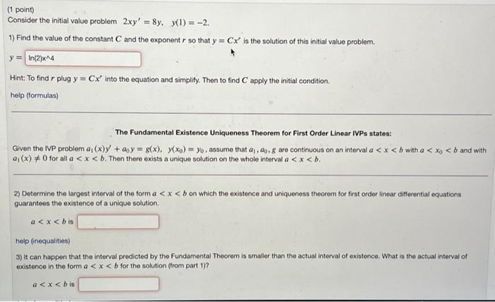Solved (1 point) Consider the initial value problem 2xy' = | Chegg.com
