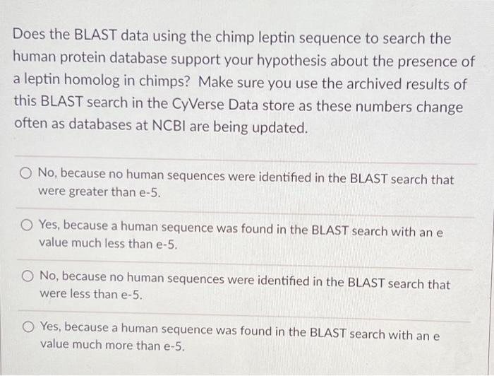 Solved Does the BLAST data using the chimp leptin sequence | Chegg.com