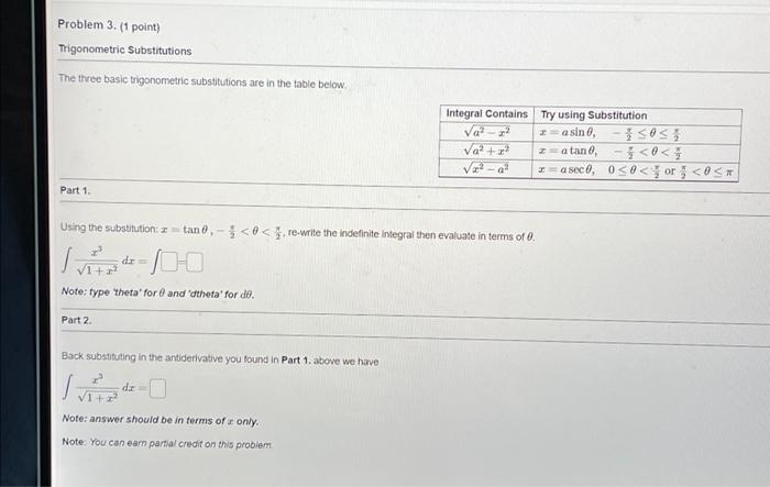 Solved Problem 3. (1 point) Trigonometric Substitutions The | Chegg.com