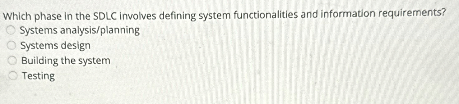 Solved Which phase in the SDLC involves defining system | Chegg.com