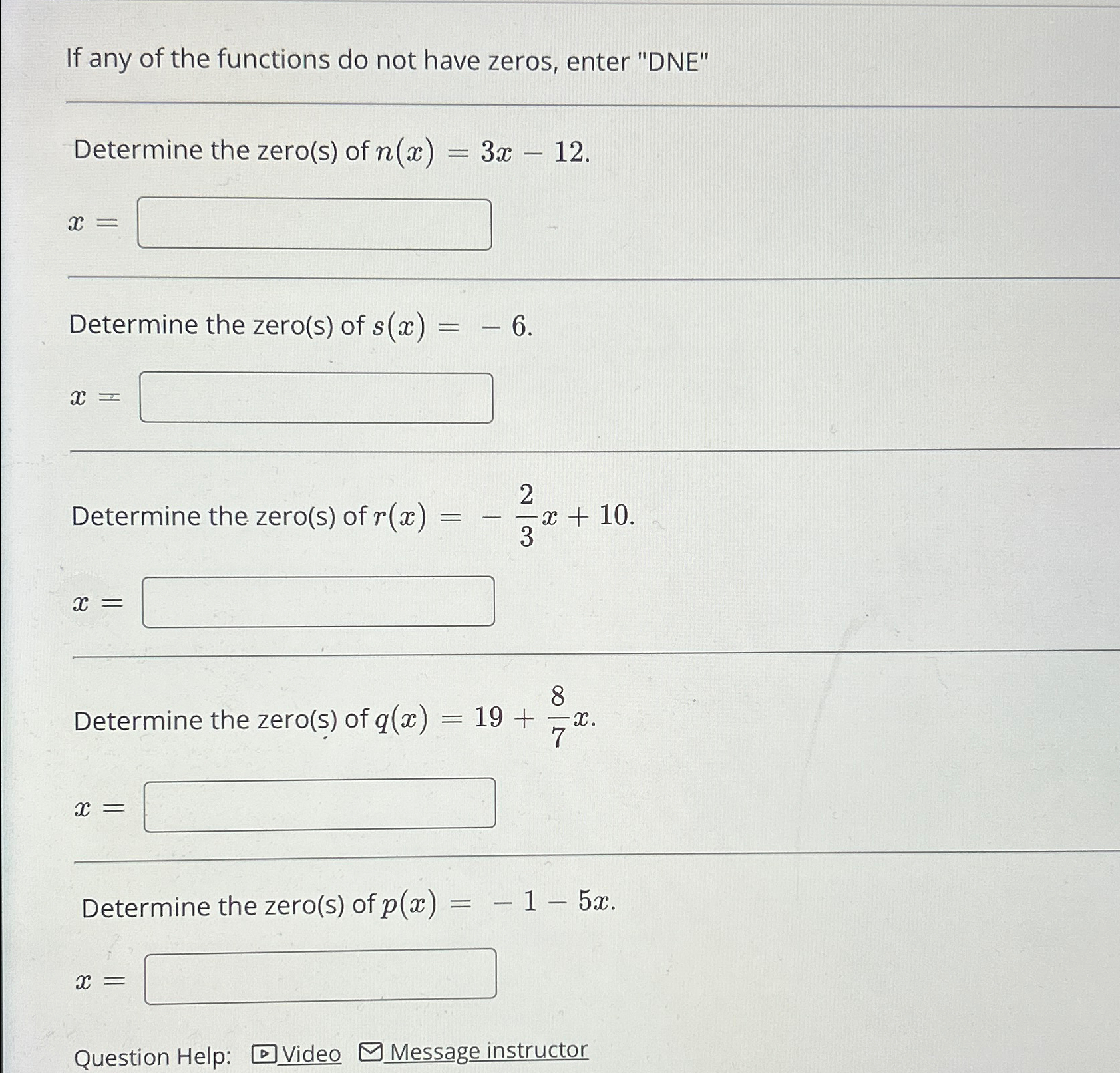 Solved If any of the functions do not have zeros, enter | Chegg.com
