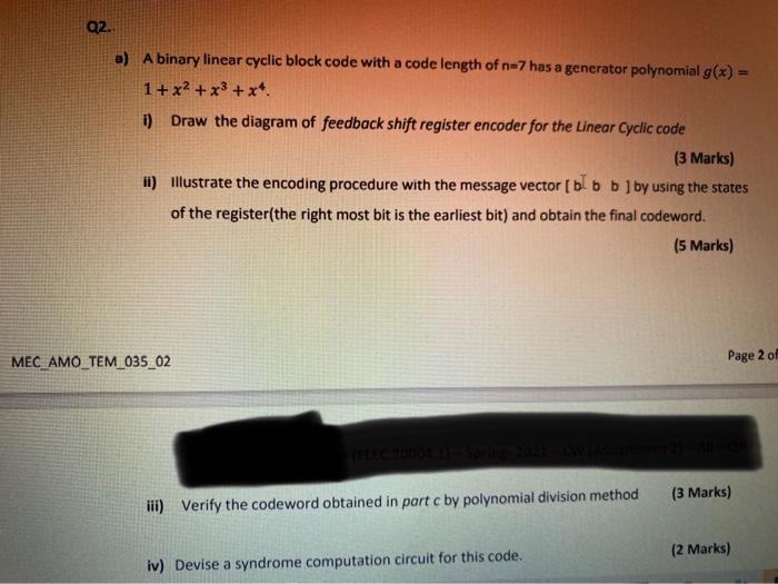 Solved Q2 A A Binary Linear Cyclic Block Code With A Code