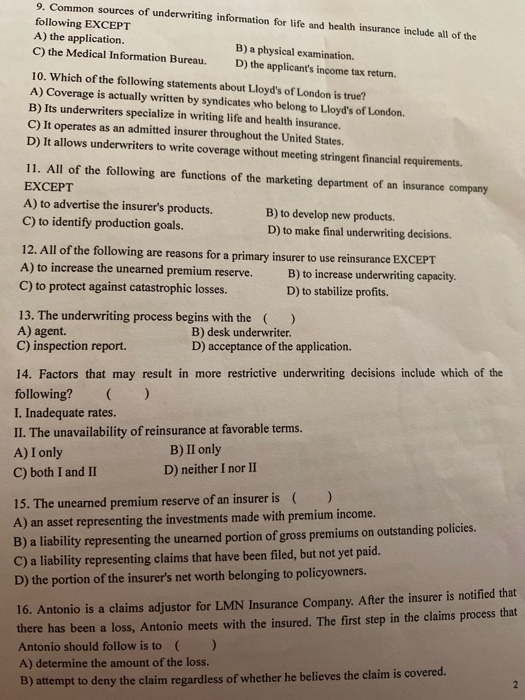 Solved 9. Common sources of underwriting information for | Chegg.com