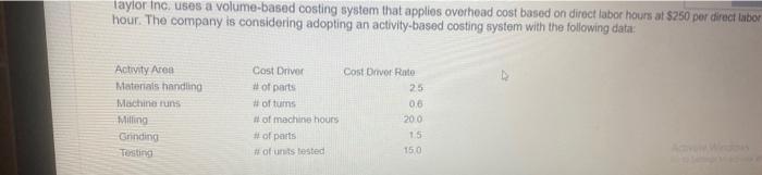 Solved laylor inc. uses a volume-based costing system that | Chegg.com