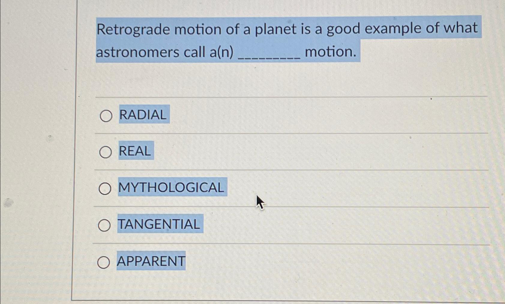 Solved Retrograde motion of a planet is a good example of | Chegg.com