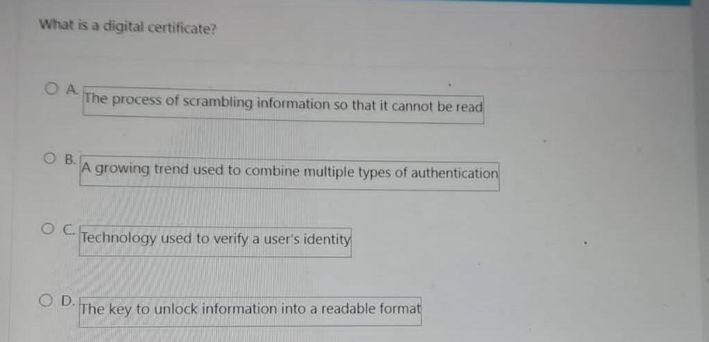Solved What is a digital certificate?A. ﻿The process of | Chegg.com