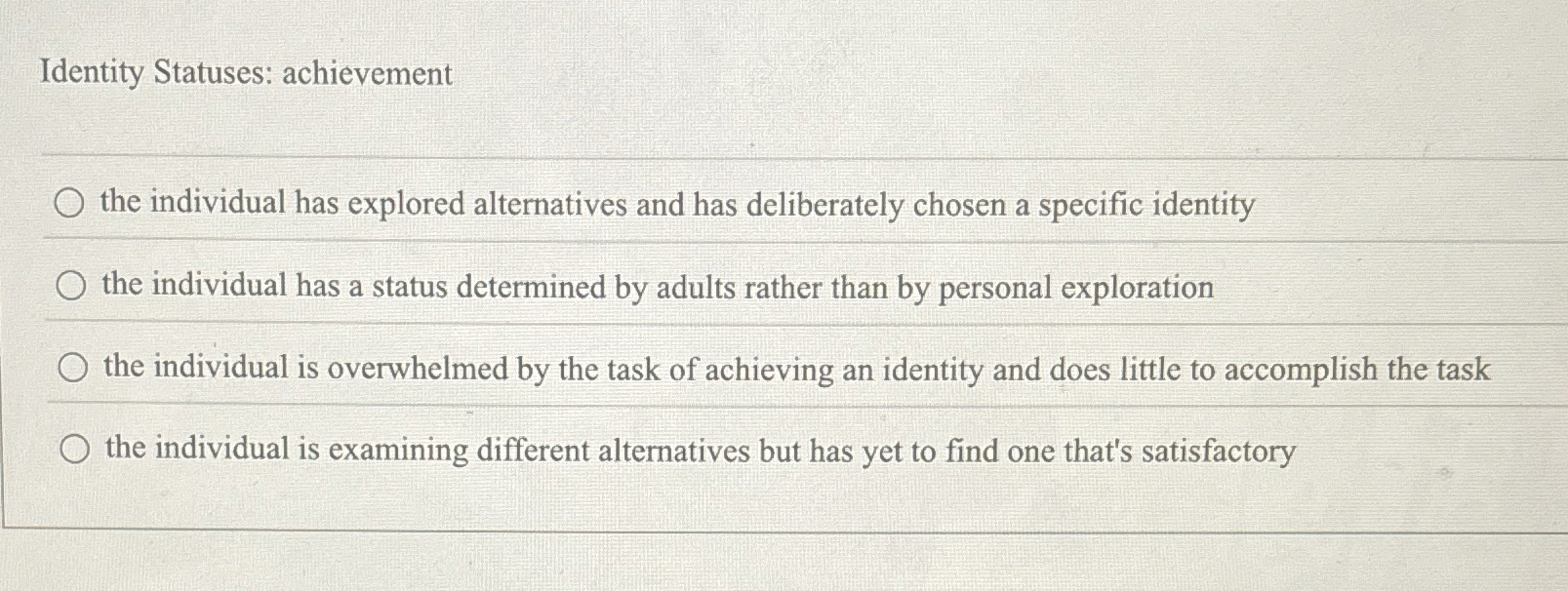 Solved Identity Statuses: achievementthe individual has | Chegg.com