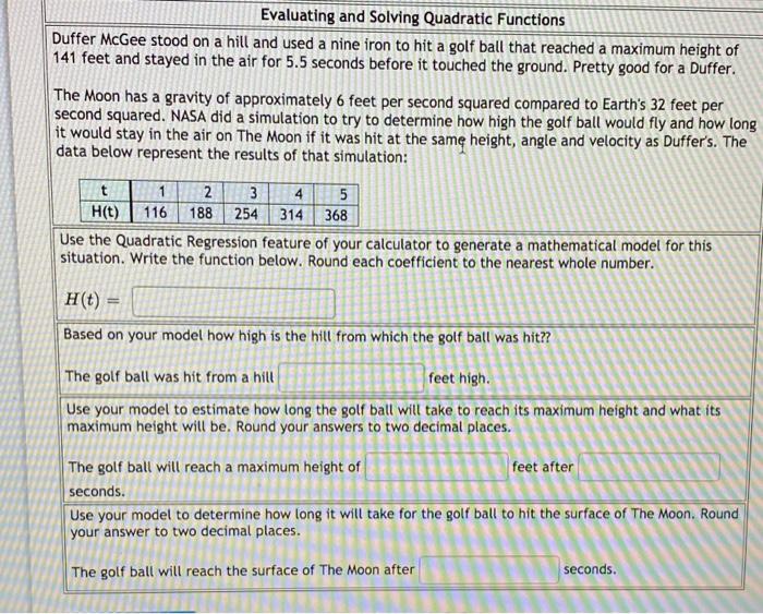 Solved Evaluating and Solving Quadratic Functions Duffer | Chegg.com