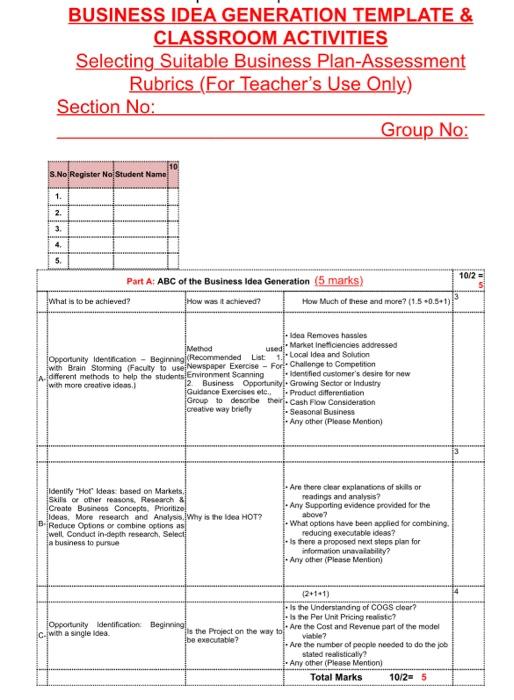 BUSINESS IDEA GENERATION TEMPLATE & CLASSROOM | Chegg.com