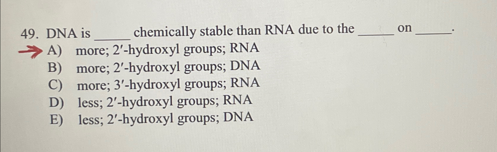 Solved DNA is q, ﻿chemically stable than RNA due to the | Chegg.com