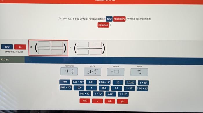 Solved On average, a drop of water has a volume of 50.0 | Chegg.com