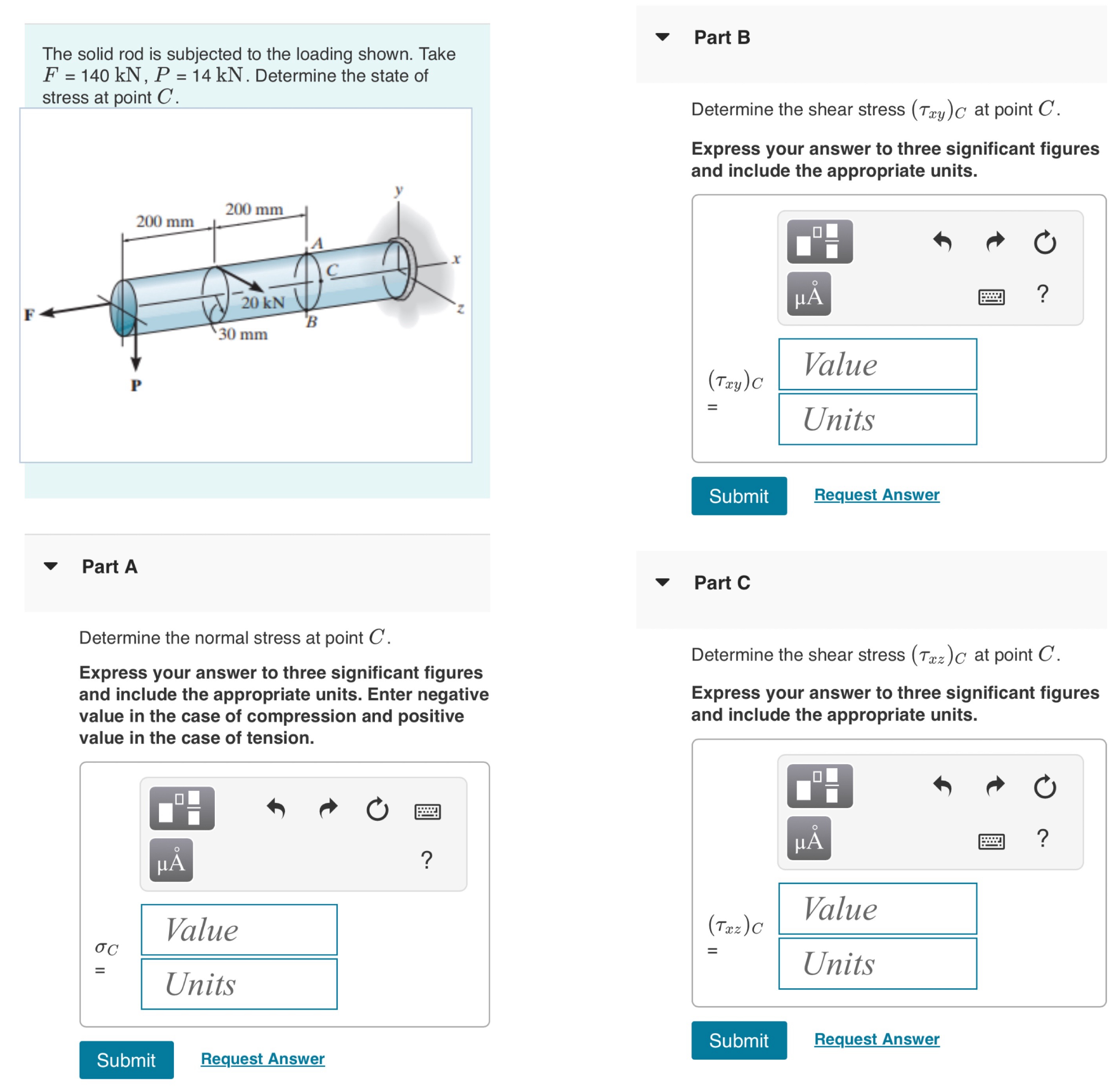 Solved The solid rod is subjected to the loading shown. Take | Chegg.com