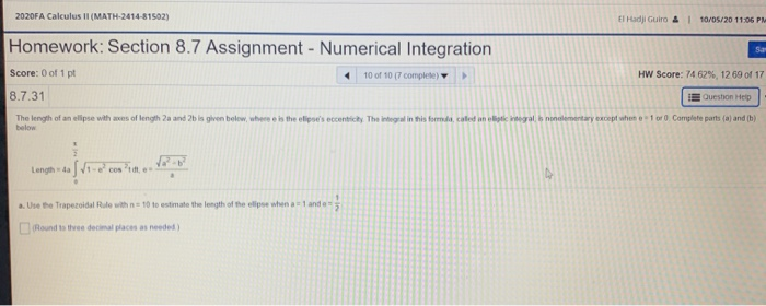 Solved 2020FA Calculus II (MATH-2414-81502) El Hadji Guiro & | Chegg.com