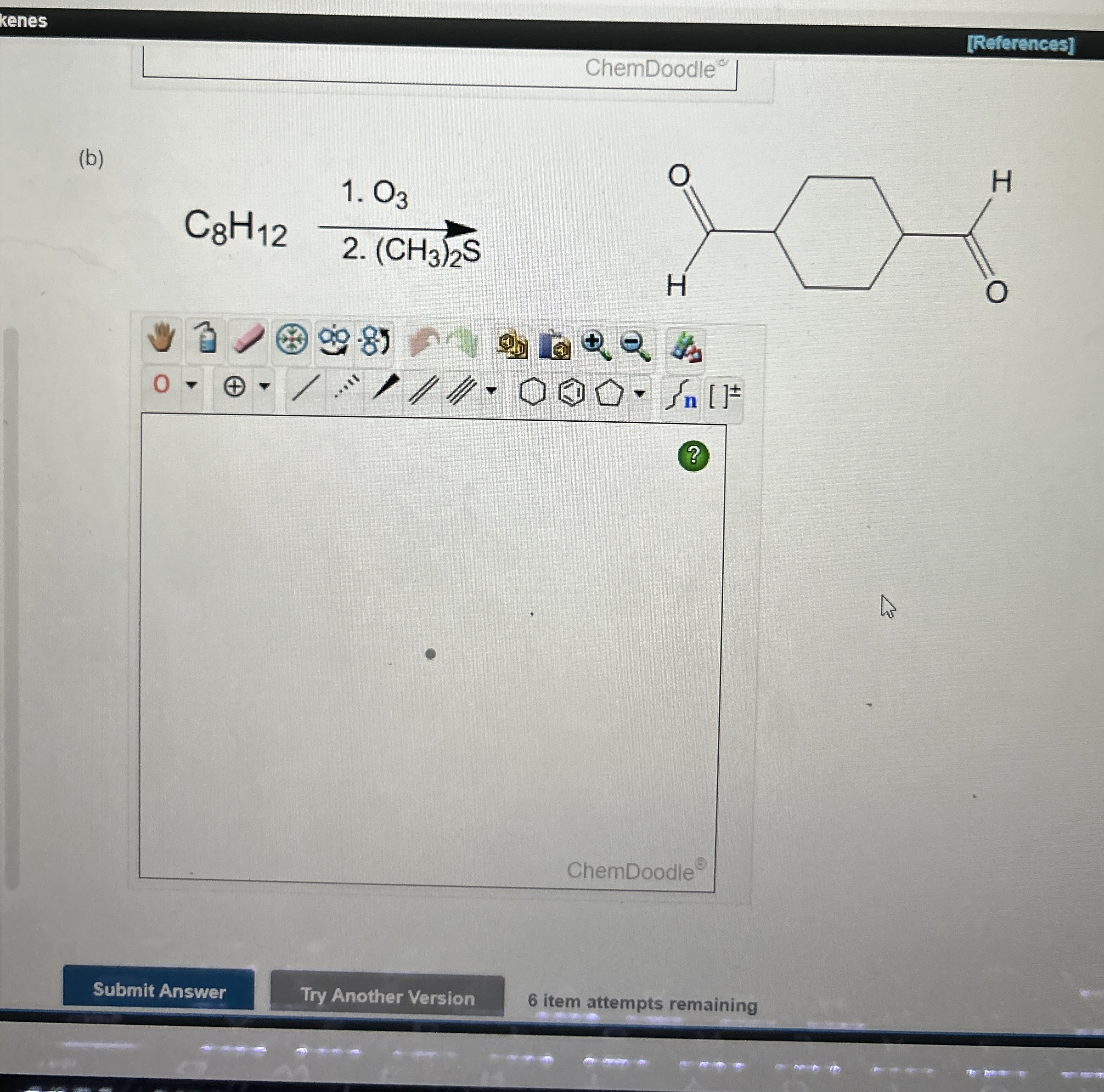 Solved kenesChemDoodle[References](b)C8H12→?2.(CH3)2S1.O3 | Chegg.com