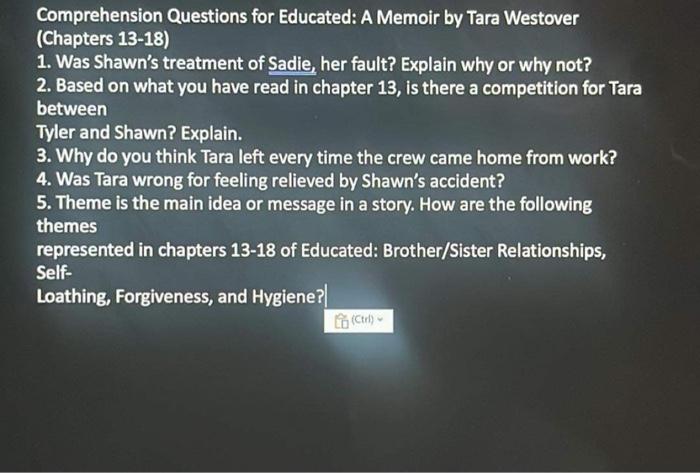 Comprehension Questions for Educated: A Memoir by | Chegg.com