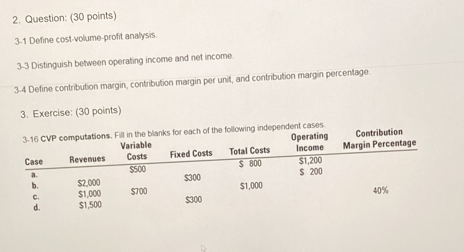 Solved Question: (30 ﻿points)3-1 ﻿Define cost-volume-profit | Chegg.com