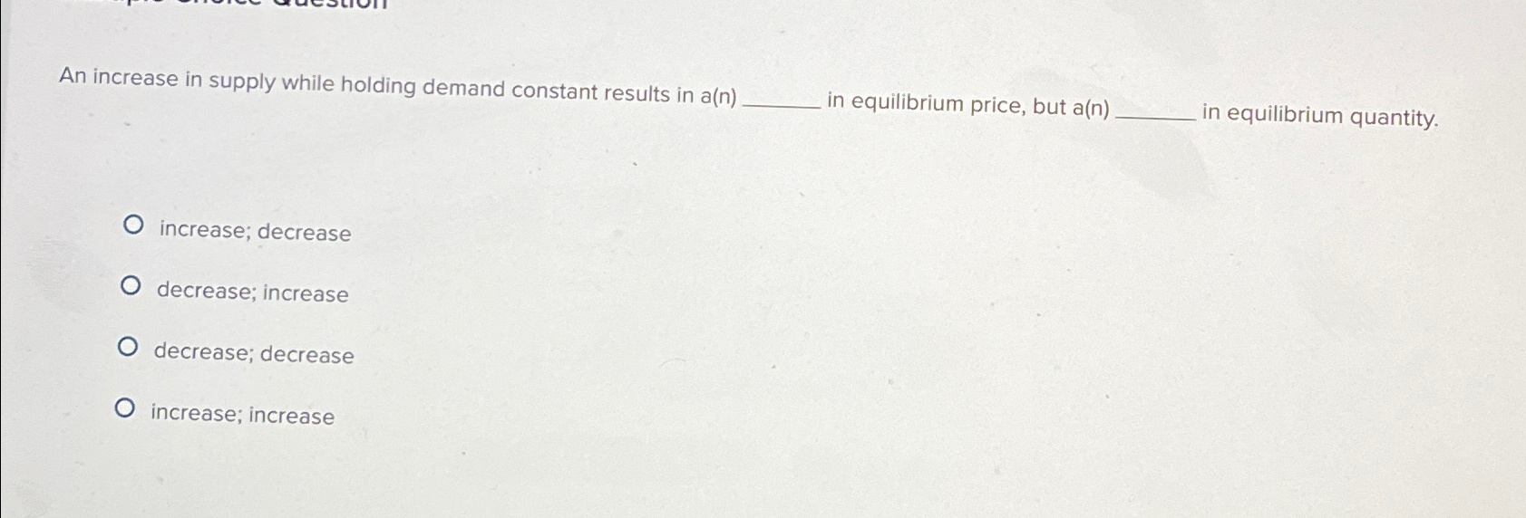 Solved An increase in supply while holding demand constant | Chegg.com