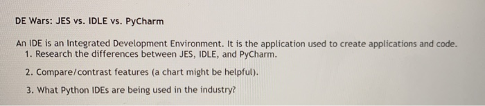 Solved DE Wars: JES vs. IDLE vs. PyCharm An IDE is an | Chegg.com