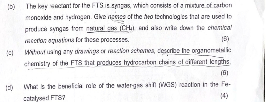 Solved (b) ﻿The key reactant for the FTS is syngas, which | Chegg.com