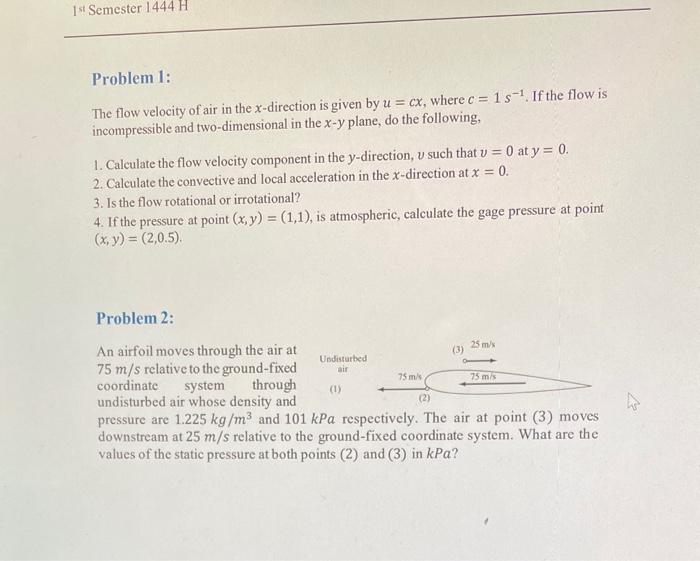 Solved The flow velocity of air in the x-direction is given | Chegg.com