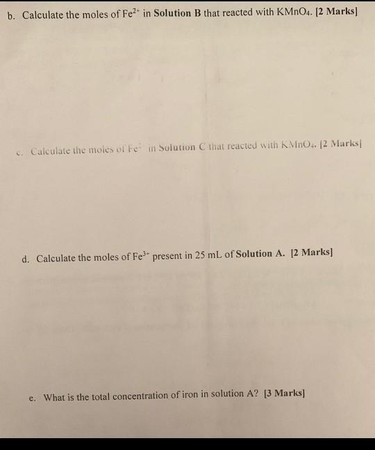 Solved b. Calculate the moles of Fe2+ in Solution B that | Chegg.com