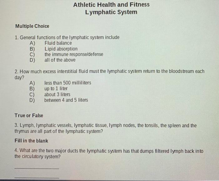 Solved Athletic Health and Fitness Lymphatic System Multiple | Chegg.com
