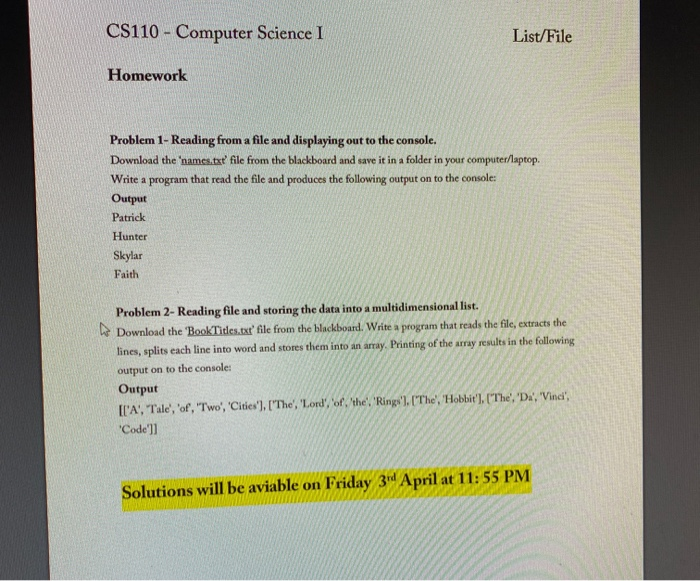 Solved CS110 - Computer Science I List/File Homework Problem | Chegg.com