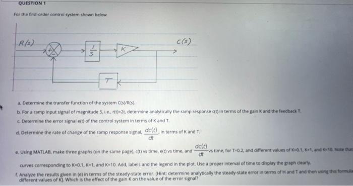 Solved QUESTION For the first-order control system shown | Chegg.com