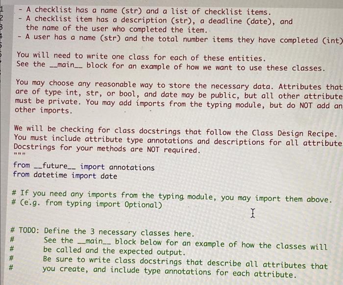 Solved 1 A checklist has a name (str) and a list of | Chegg.com