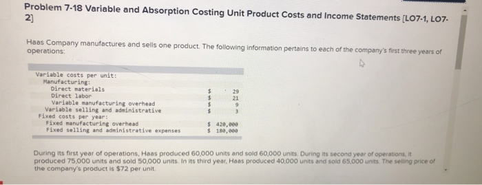 Solved Problem 7-18 Variable and Absorption Costing Unit | Chegg.com