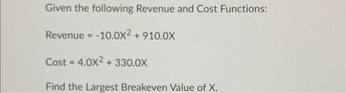 Solved Given the following Revenue and Cost Functions: | Chegg.com