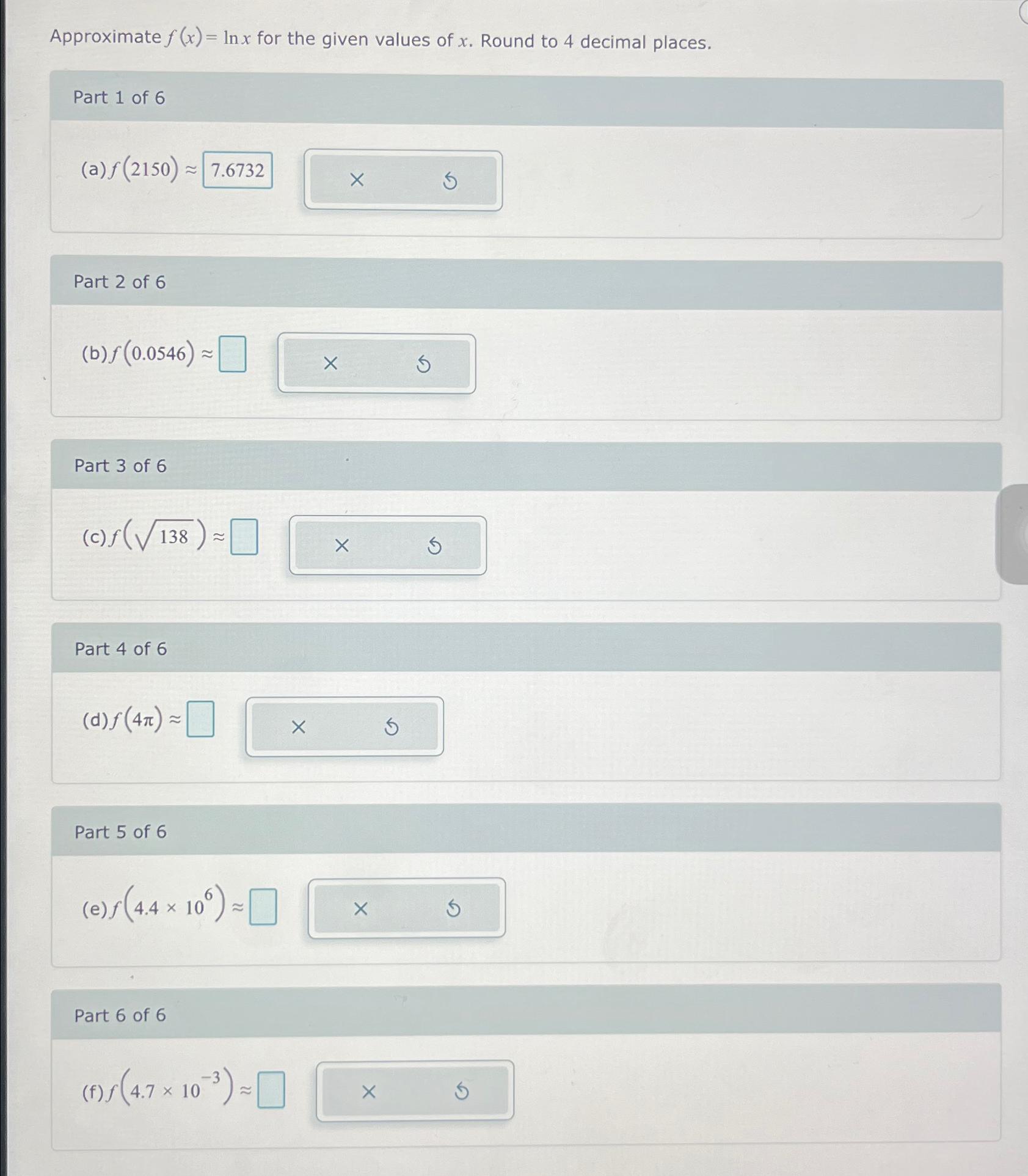 Solved Approximate f(x)=lnx ﻿for the given values of x. | Chegg.com