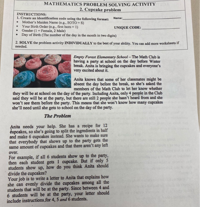 Solved MATHEMATICS PROBLEM SOLVING ACTIVITY 2. Cupcake | Chegg.com