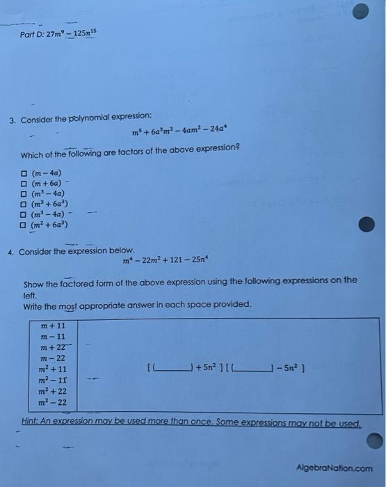Solved Part D: 27m-125n15 3. Consider the polynomial | Chegg.com