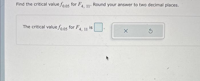 Solved Find the critical value f0.05 for F4,11. Round your | Chegg.com