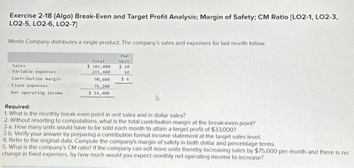 Exercise 2-18 (Algo) Break-Even and Target Profit | Chegg.com