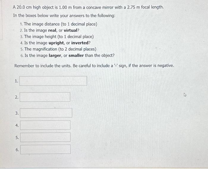 Solved A 20.0 cm high object is 1.00 m from a concave mirror | Chegg.com
