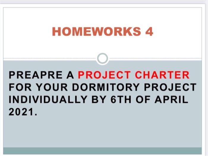 Solved HOMEWORKS 4 PREAPRE A PROJECT CHARTER FOR YOUR | Chegg.com