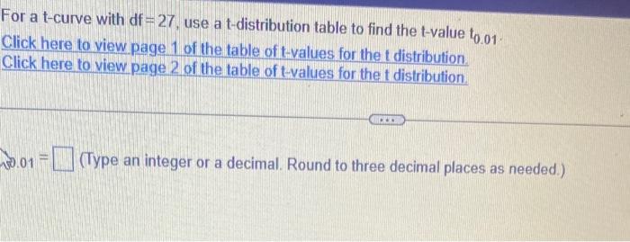 Solved For a t-curve with df=27, use a t-distribution table | Chegg.com