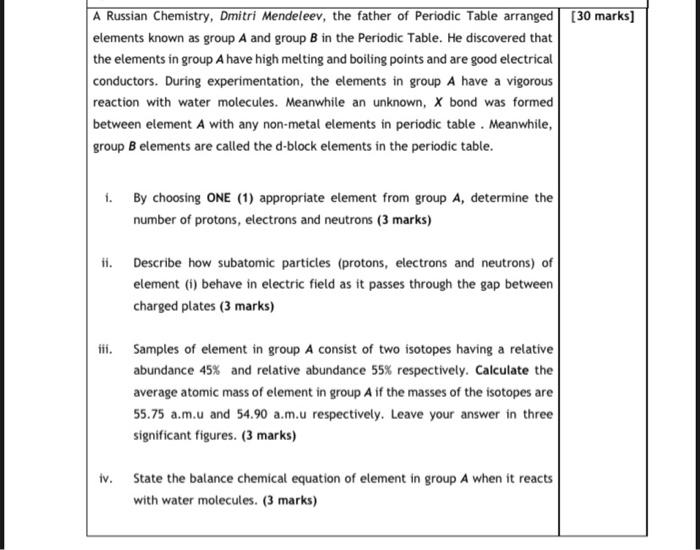 Solved A Russian Chemistry, Dmitri Mendeleev, the father of | Chegg.com