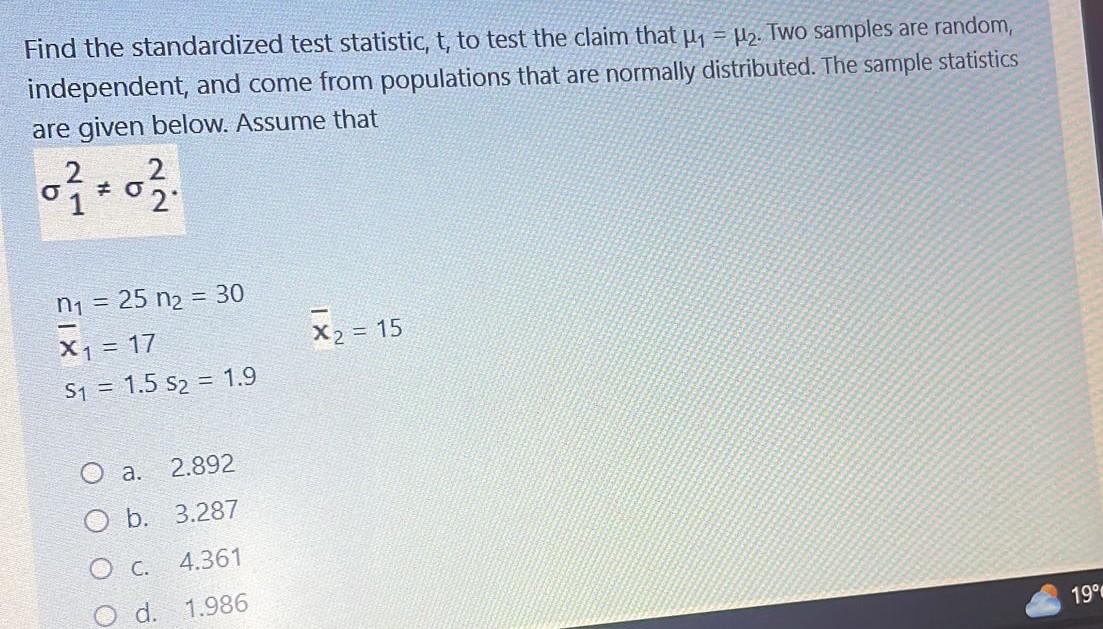 Find The Standardized Test Statistic T To Test The
