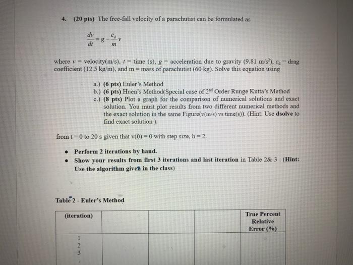 Solved 4. ( 20pts) The free-fall velocity of a parachutist | Chegg.com