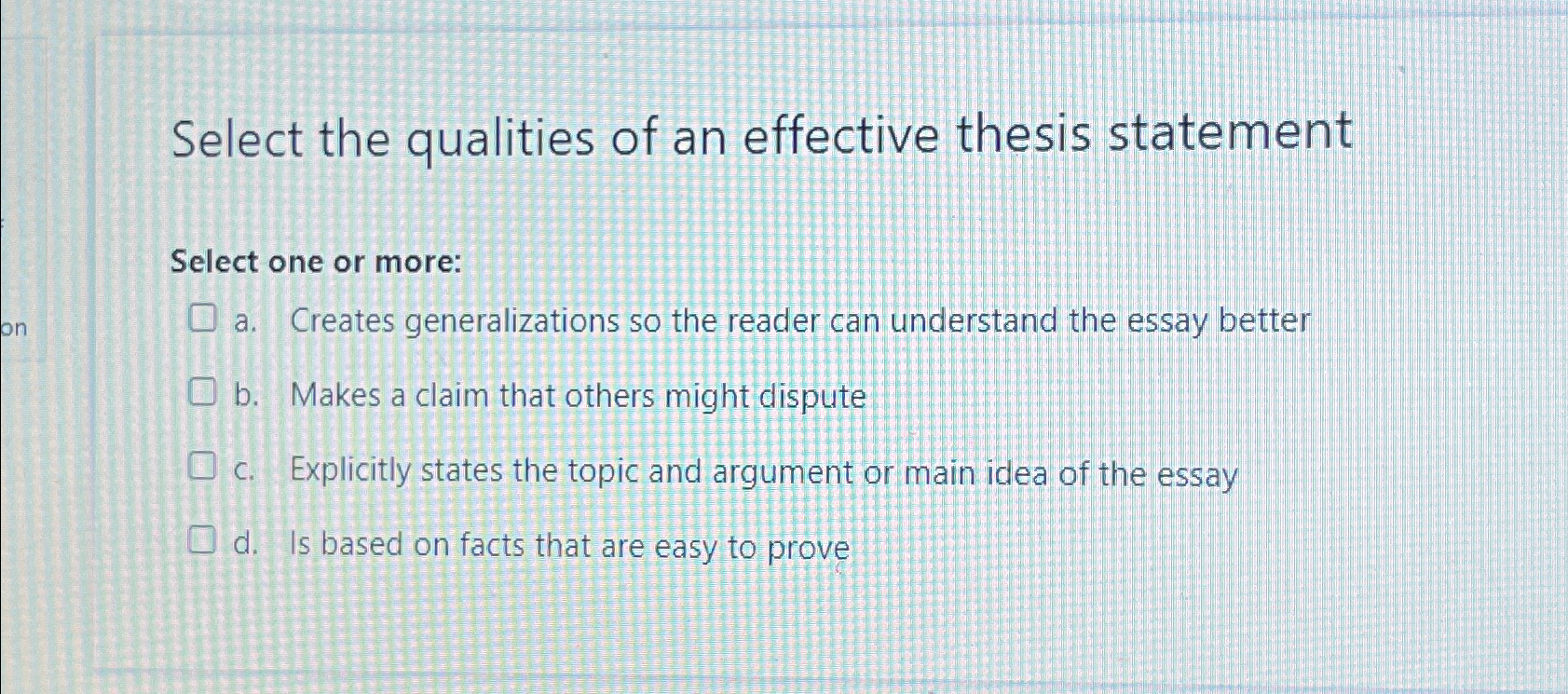 Solved Select the qualities of an effective thesis | Chegg.com