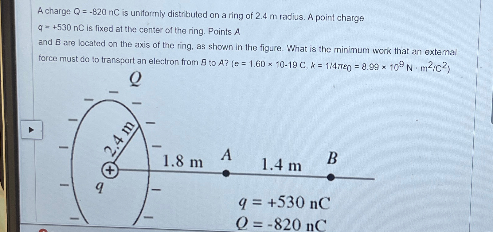 Solved A charge Q=-820nC ﻿is uniformly distributed on a ring | Chegg.com