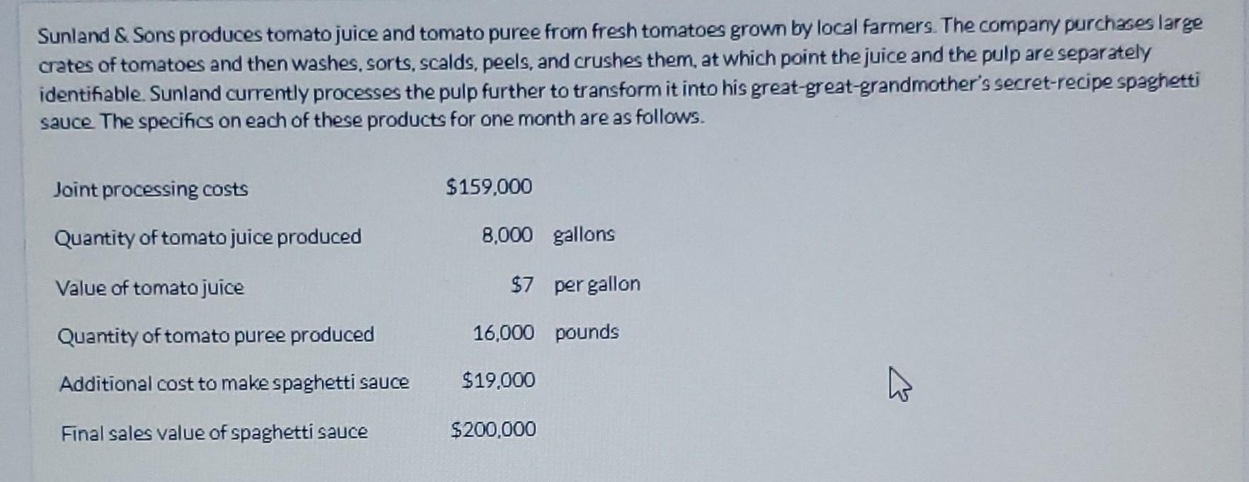 Solved Sunland \& Sons produces tomato juice and tomato | Chegg.com