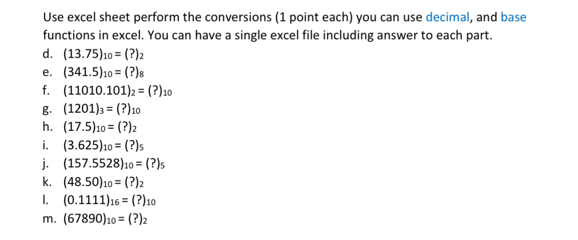 Solved Use excel sheet perform the conversions (1 ﻿point | Chegg.com