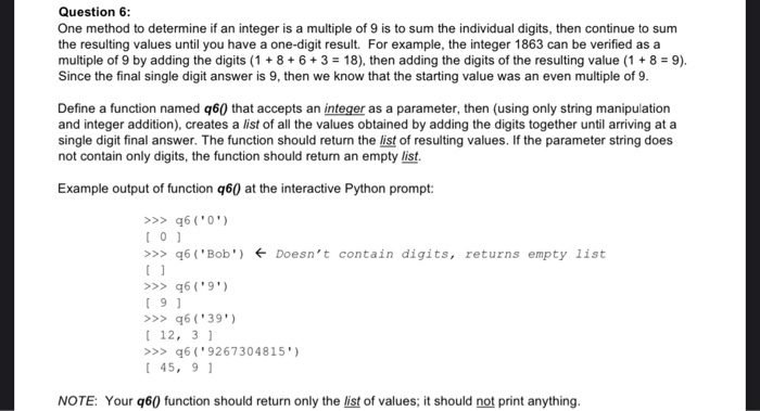 Solved Question 6 One Method Determine Integer Multiple 9 Sum Individual Digits Continue Sum