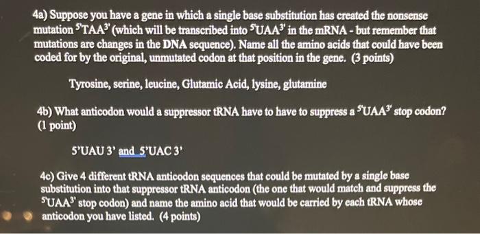 Solved 4a) Suppose you have a gene in which a single base | Chegg.com