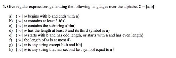 Solved 1. Give regular expressions generating the following | Chegg.com